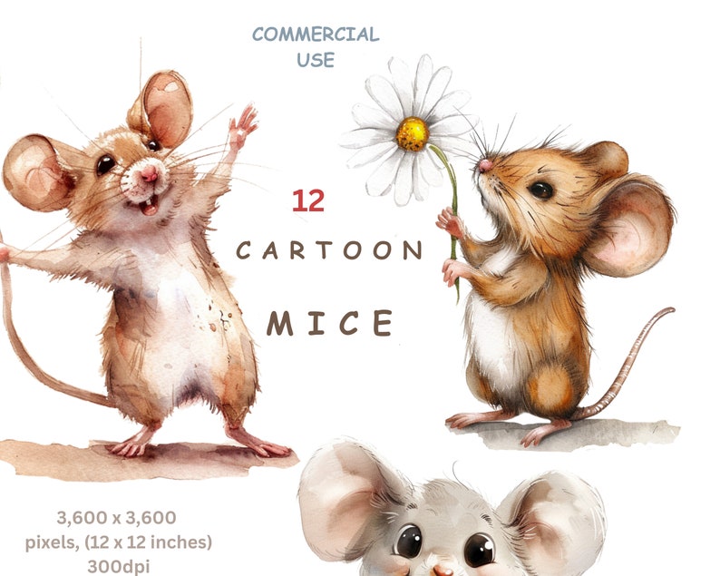 Cartoon Mice Clipart, Watercolour Mouse Images, 12 Woodland Critter ...