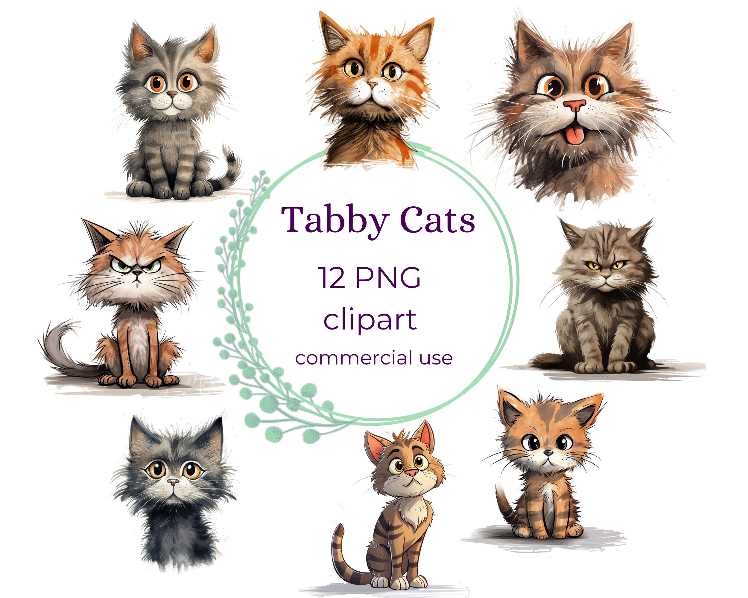 Tabby Cat Clip Art, 12 High Quality Transparent Background PNG, Digital ...