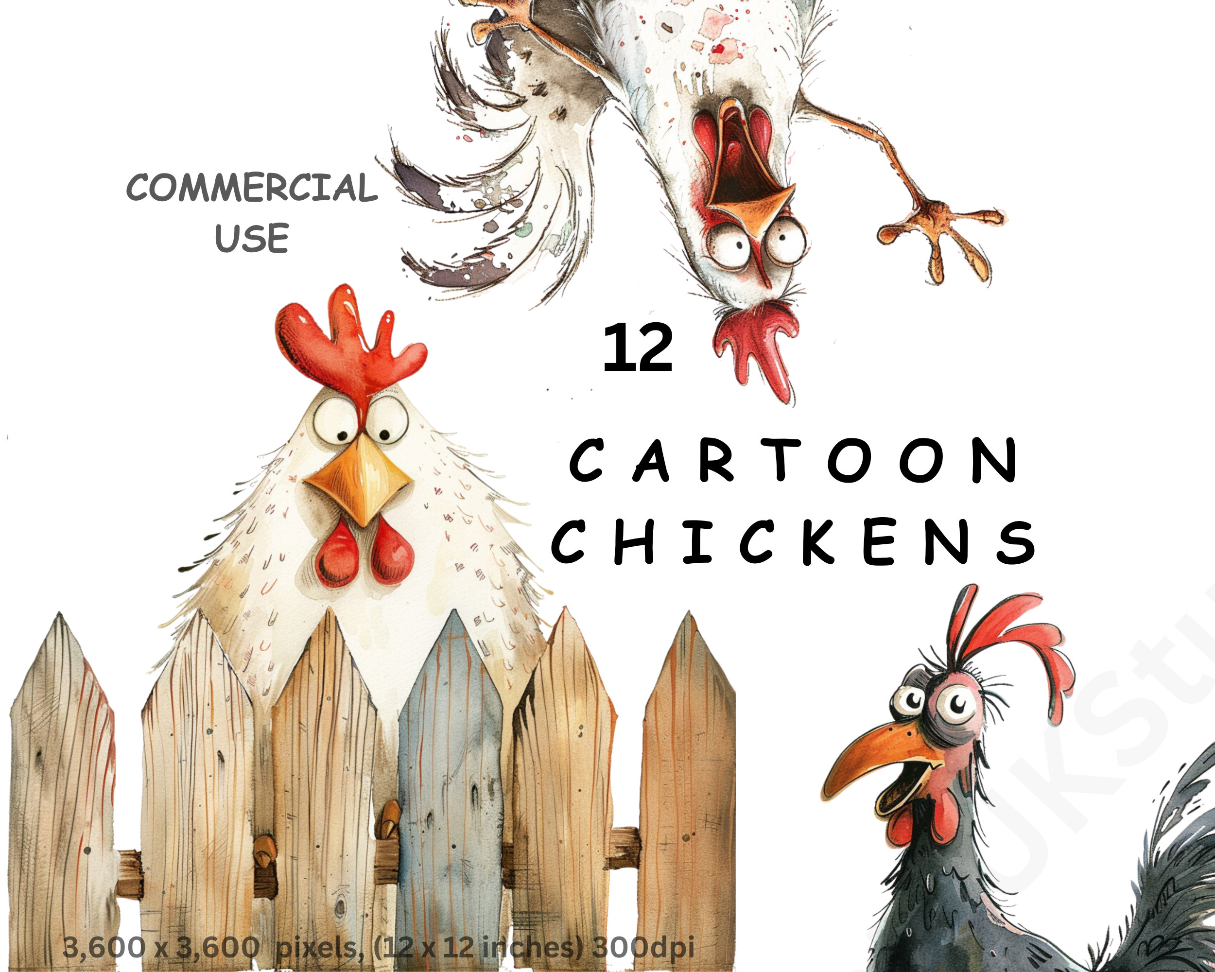Clipart Chicken, 12 PNG Watercolour Images of Cartoon Chickens, Hens ...