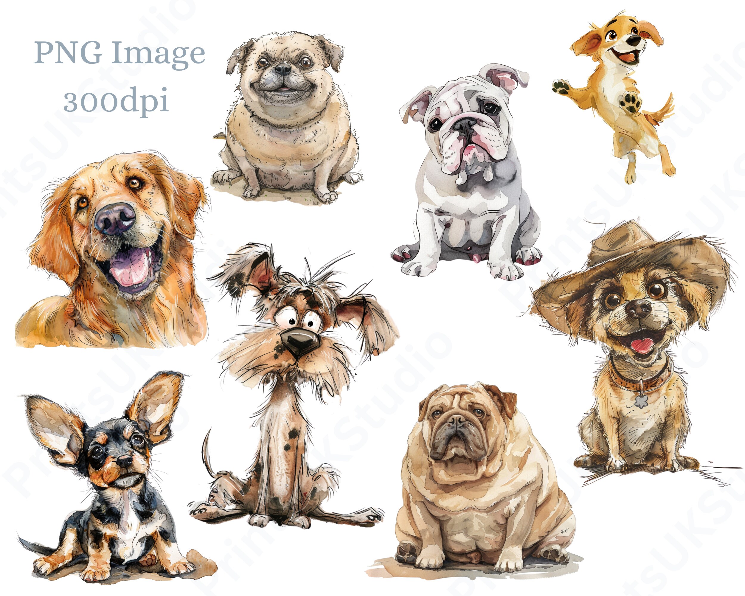 Clipart Quirky Dog Bundle, 70 PNG Watercolour Images of Cartoon Hounds ...