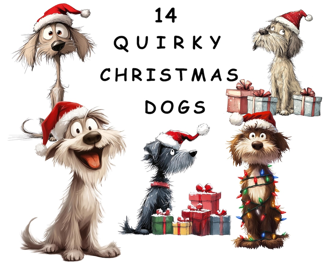 Quirky Christmas Dogs Clipart Images 14 PNG Watercolour Cartoon Hounds ...