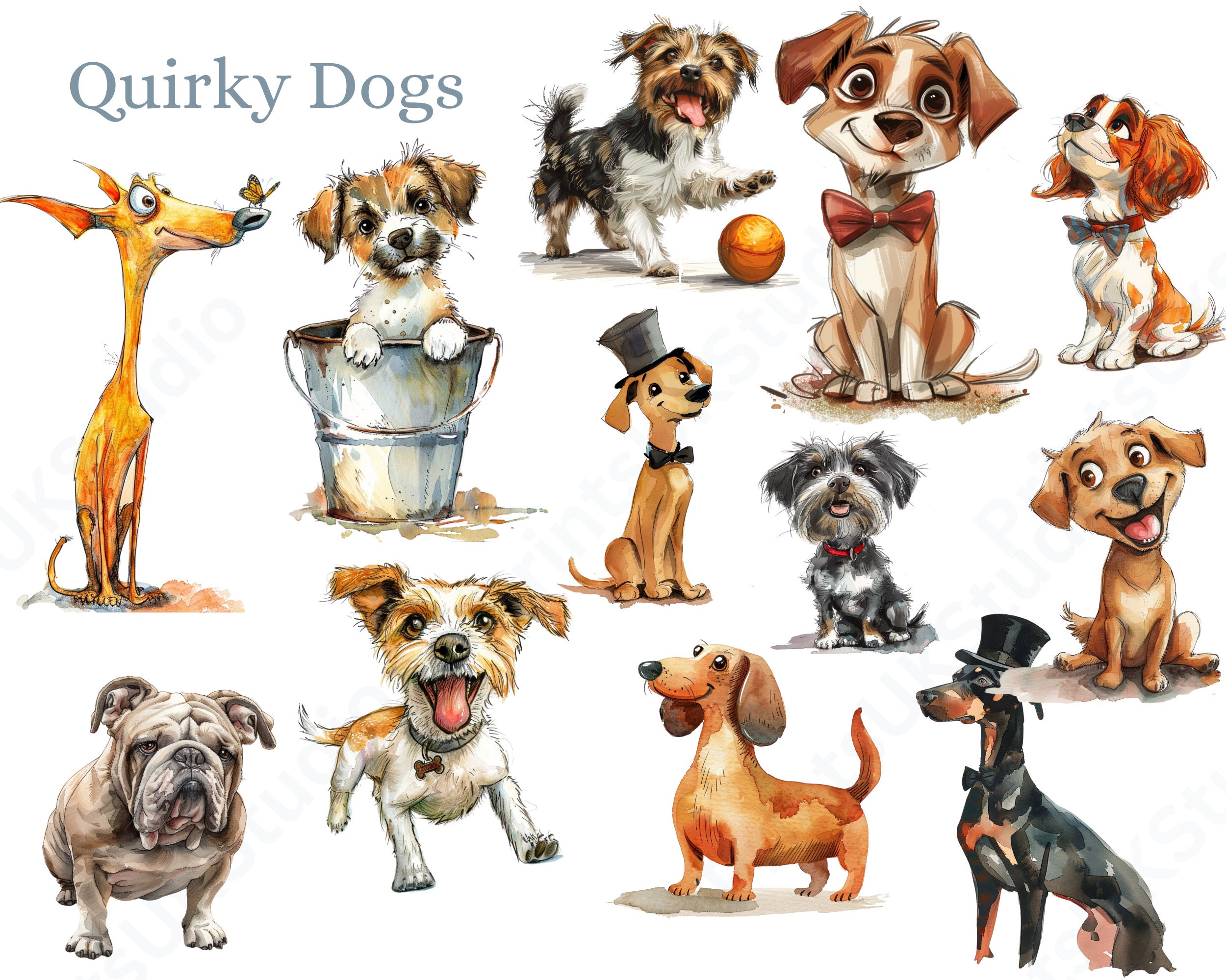 Clipart Quirky Dog Bundle, 70 PNG Watercolour Images of Cartoon Hounds ...