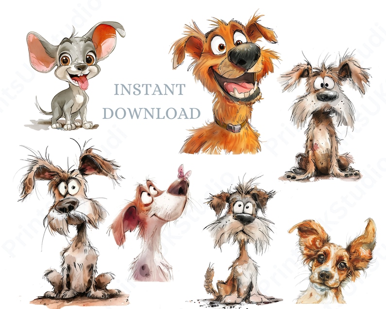 Clipart Quirky Dog Bundle, 70 PNG Watercolour Images of Cartoon Hounds ...