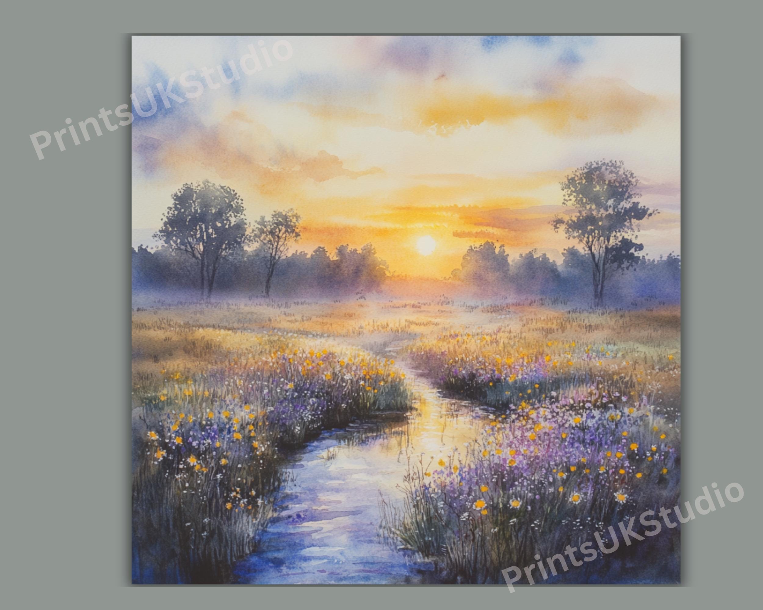 Sunset Clipart, Watercolor Misty Meadow Landscape PNG Backgrounds for ...