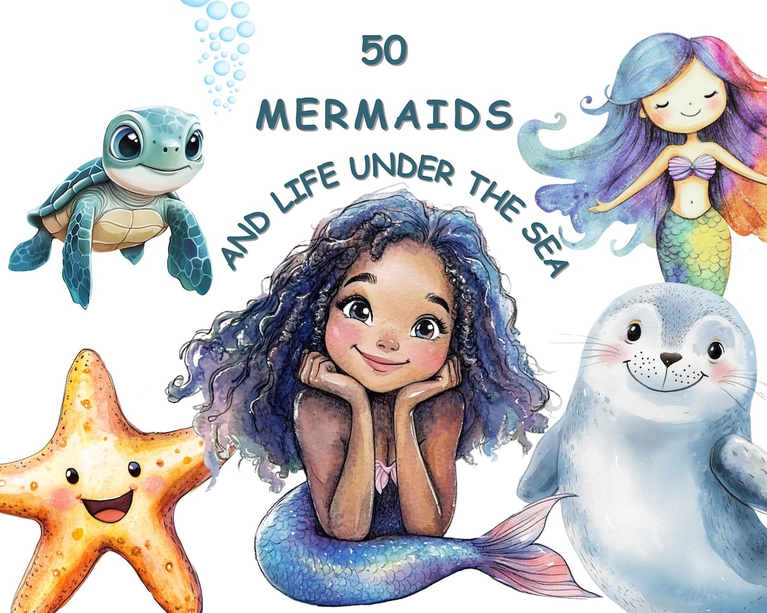Mermaid Clipart Bundle, Watercolor Mermaids and Under the Sea PNG ...