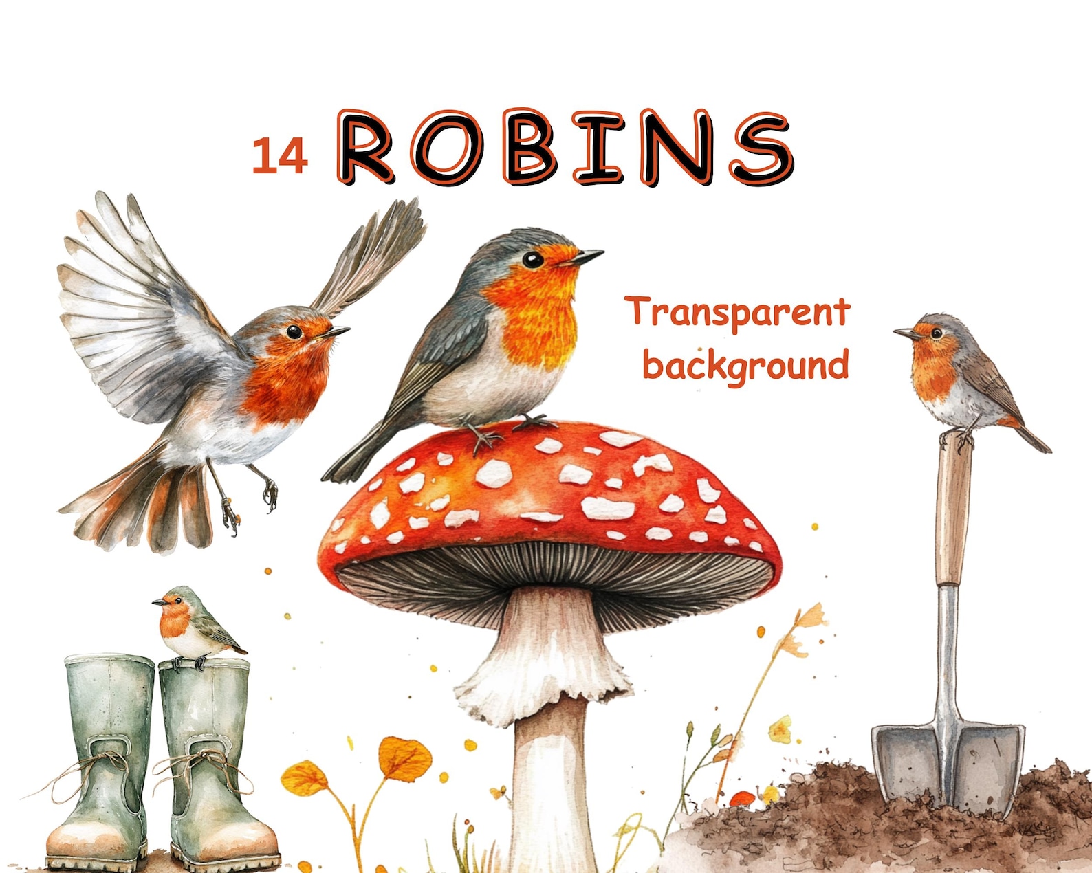 Robin Clipart, 14 Watercolour Images of Cartoon Quirky Robins, Garden ...
