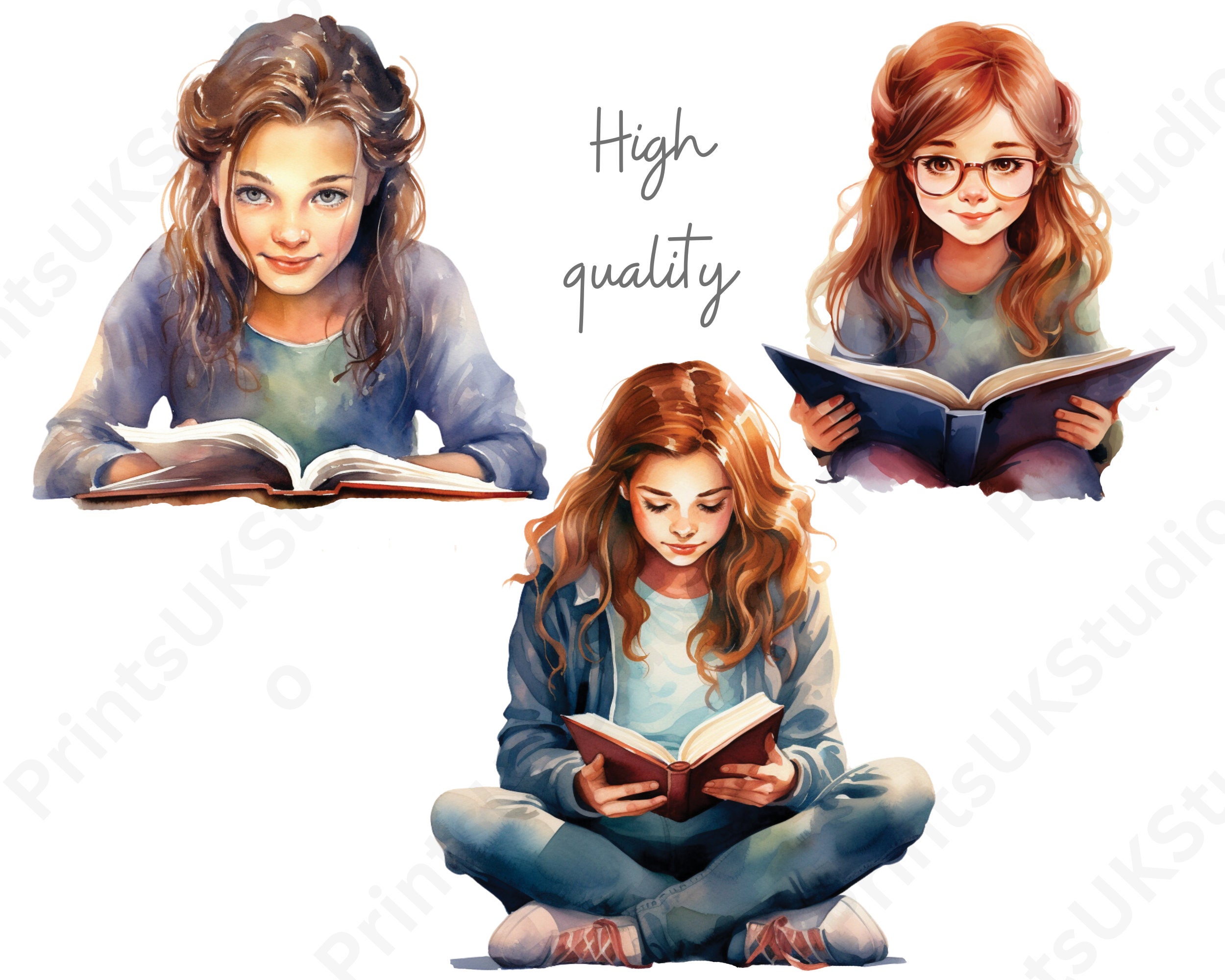 Clipart Girl Reading a Book, 12 Watercolour PNG Transparent Background ...