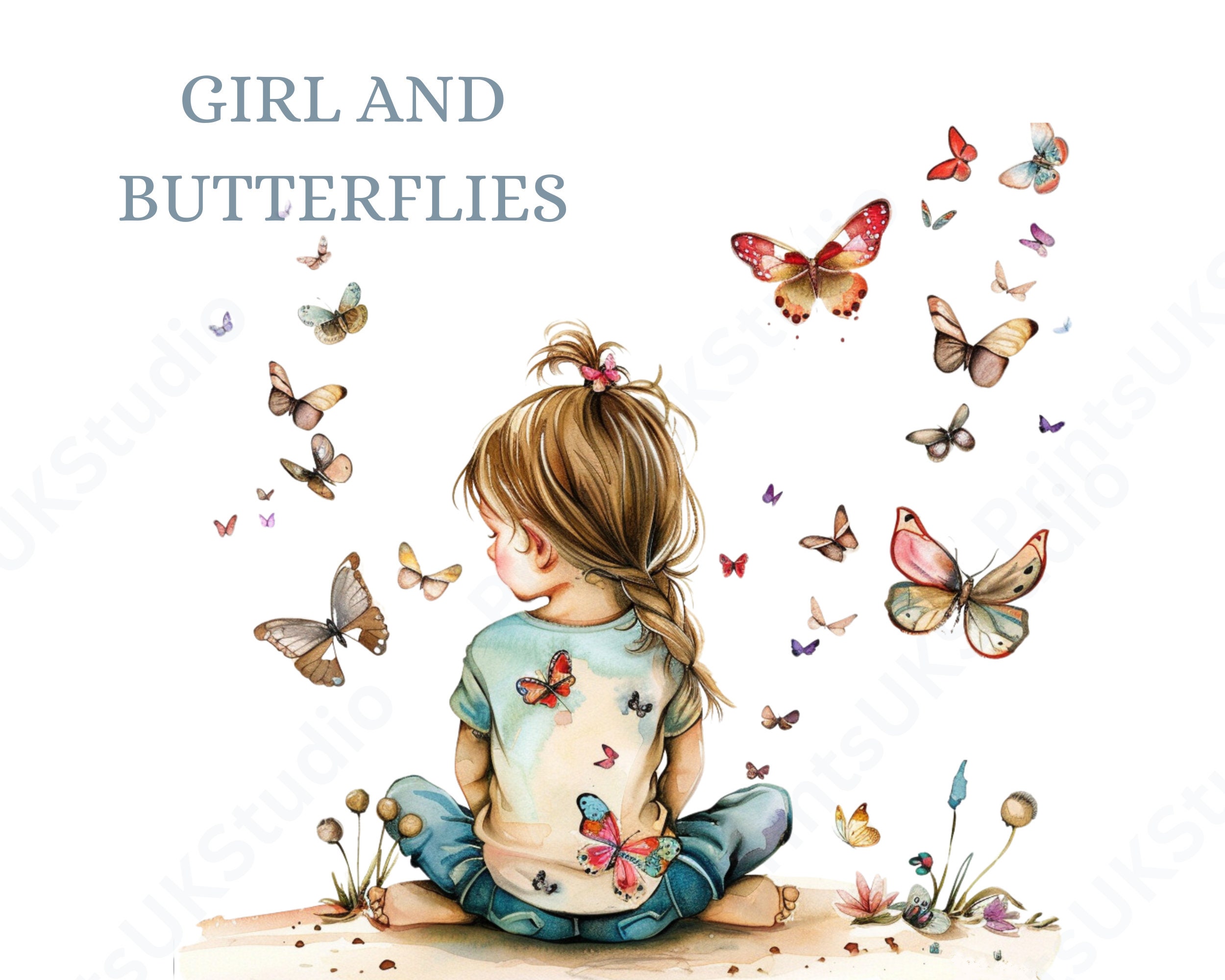 Clipart Girl and Butterflies, 12 Watercolour Images of Child and ...