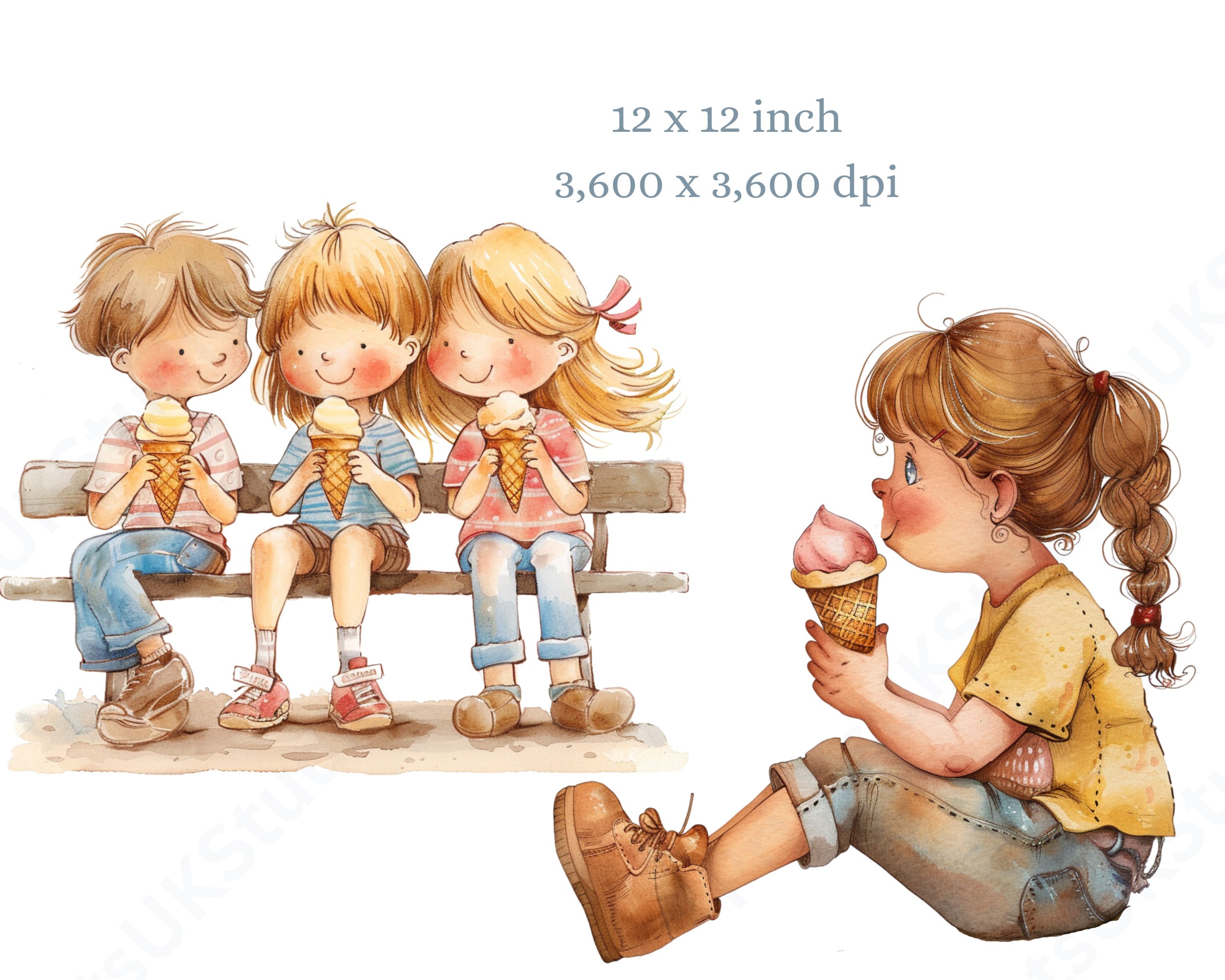 Clipart Children and Ice Cream, 12 PNG Watercolour Images of Cartoon ...