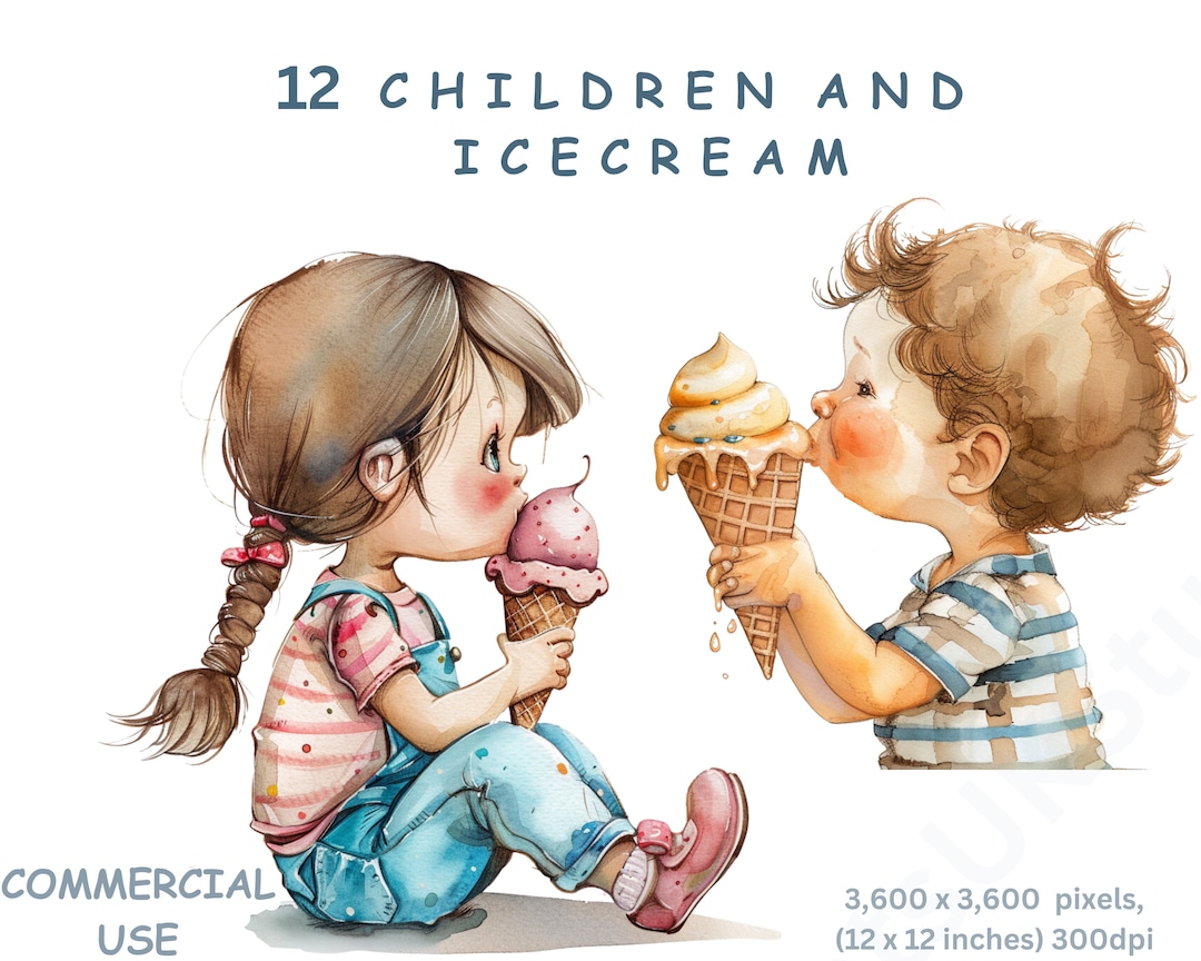 Clipart Children and Ice Cream, 12 PNG Watercolour Images of Cartoon ...