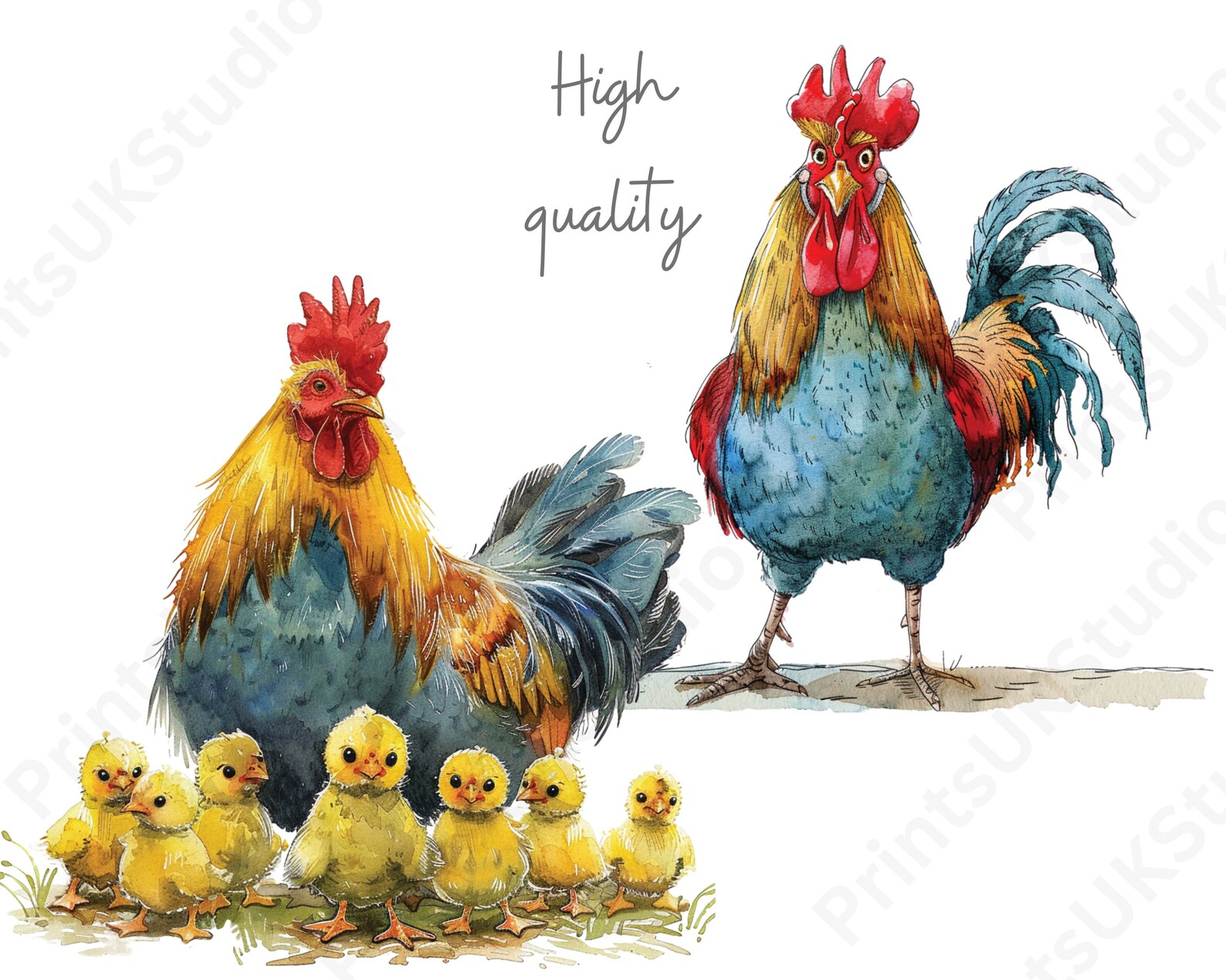 Clipart Cockerels, 12 Watercolour Images of Cartoon Cockerel Farmyard ...