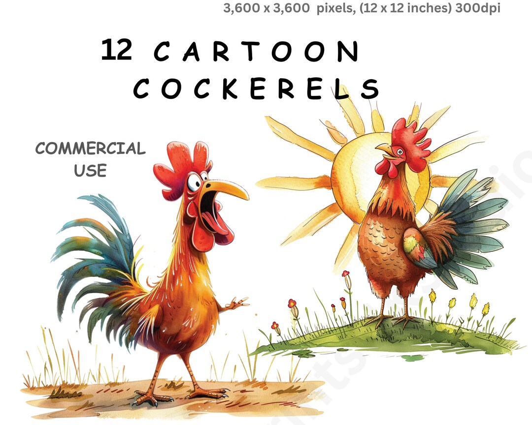 Clipart Cockerels, 12 Watercolour Images of Cartoon Cockerel Farmyard ...