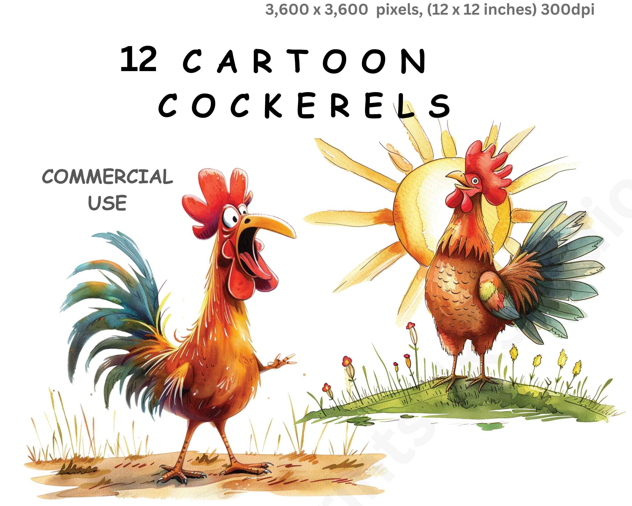 Clipart Cockerels, 12 Watercolour Images of Cartoon Cockerel Farmyard ...