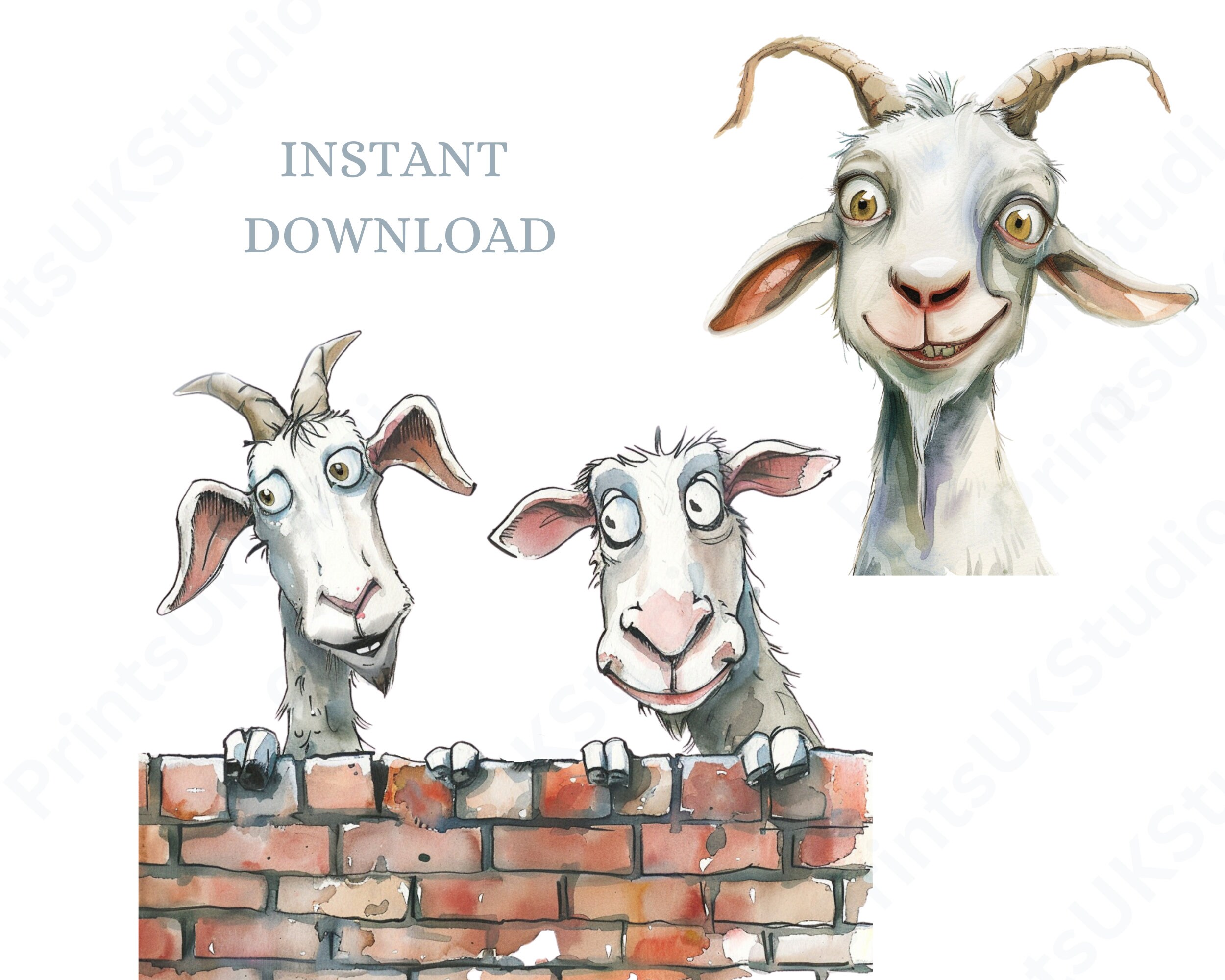 Quirky Goat Clipart, 12 Watercolour Images of Cartoon Goats, Farmyard ...