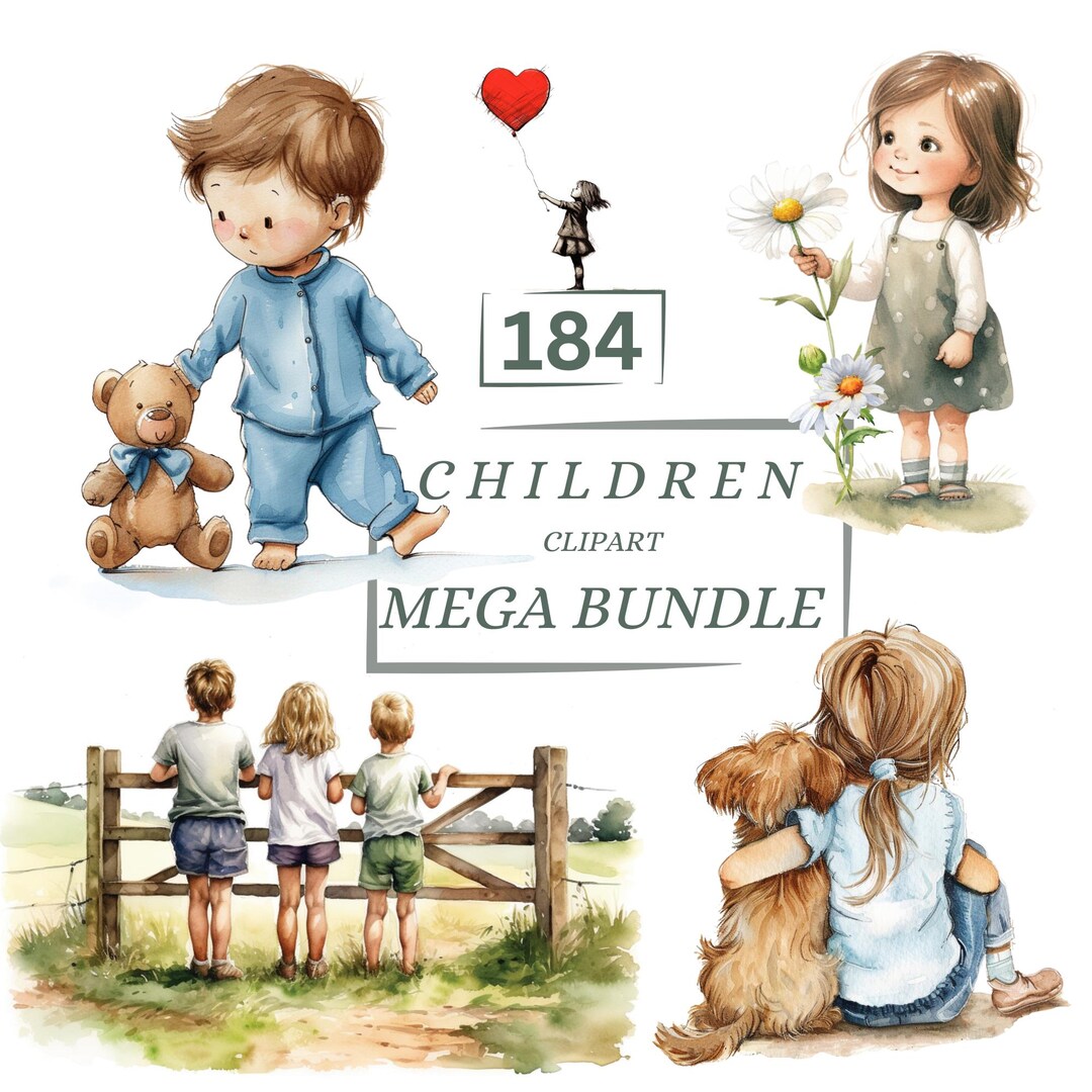 Cute Children Clipart Bundle, 180 Watercolour Images of Cartoon Boys ...