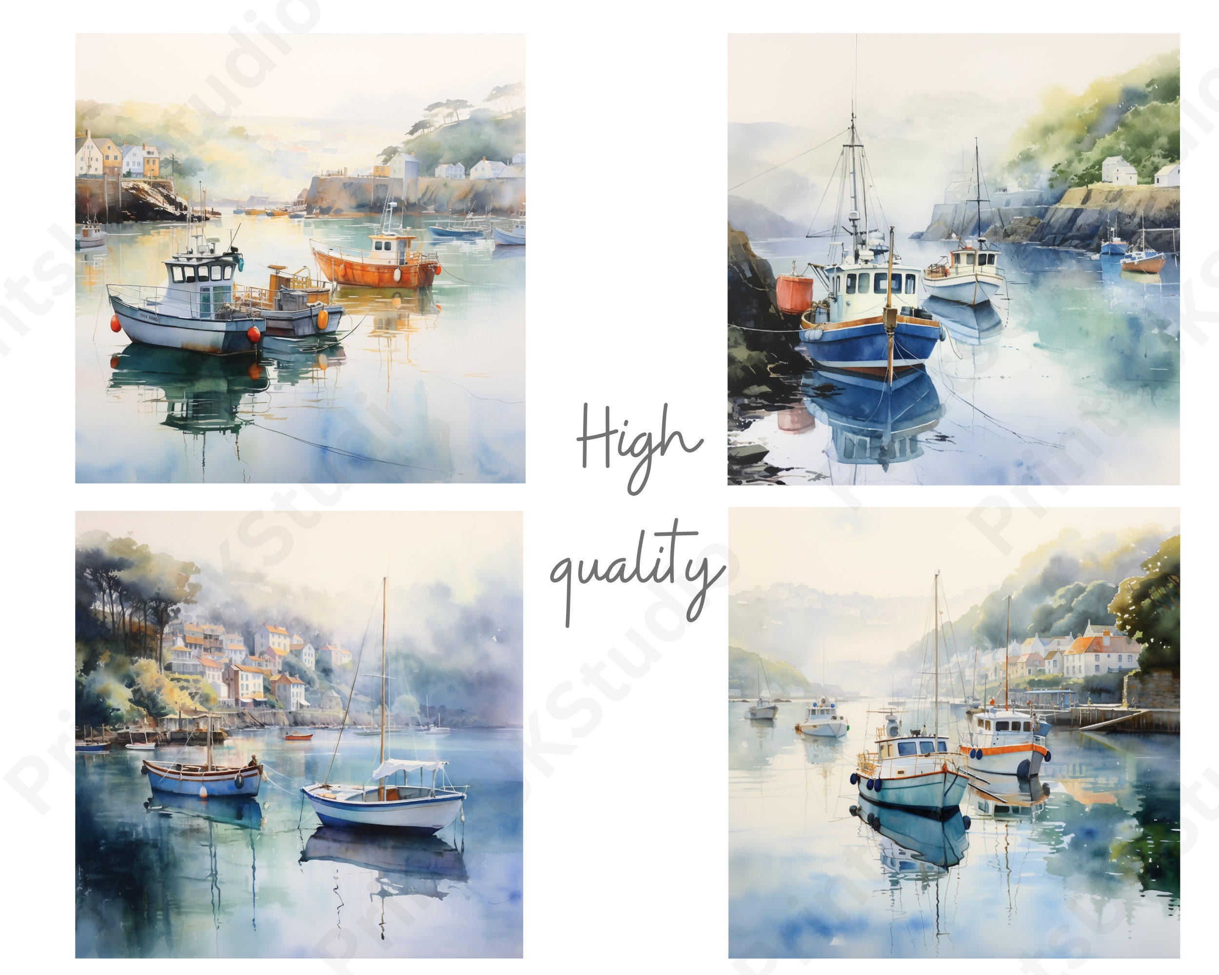 Boat Harbour Clipart, 12 High Quality PNG Watercolour Images of Fishing ...