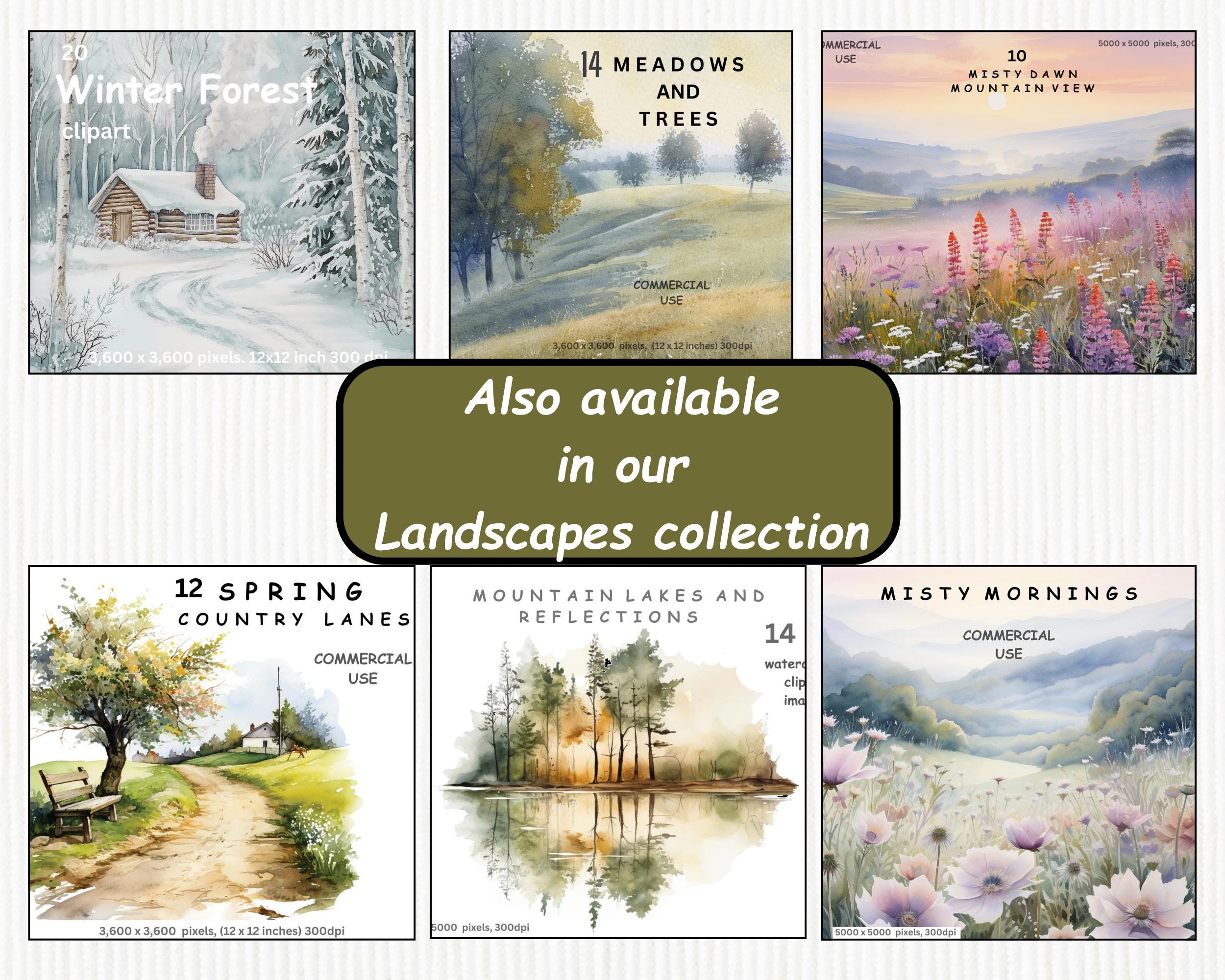 Tree Landscapes Clipart Bundle, 12 PNG Digital Download Images of ...