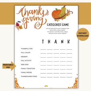 Thanksgiving Categories Game | Printable Thanksgiving Games | Family ...