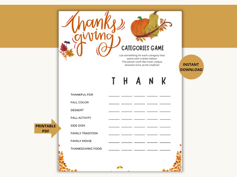 Thanksgiving Categories Game | Printable Thanksgiving Games | Family ...