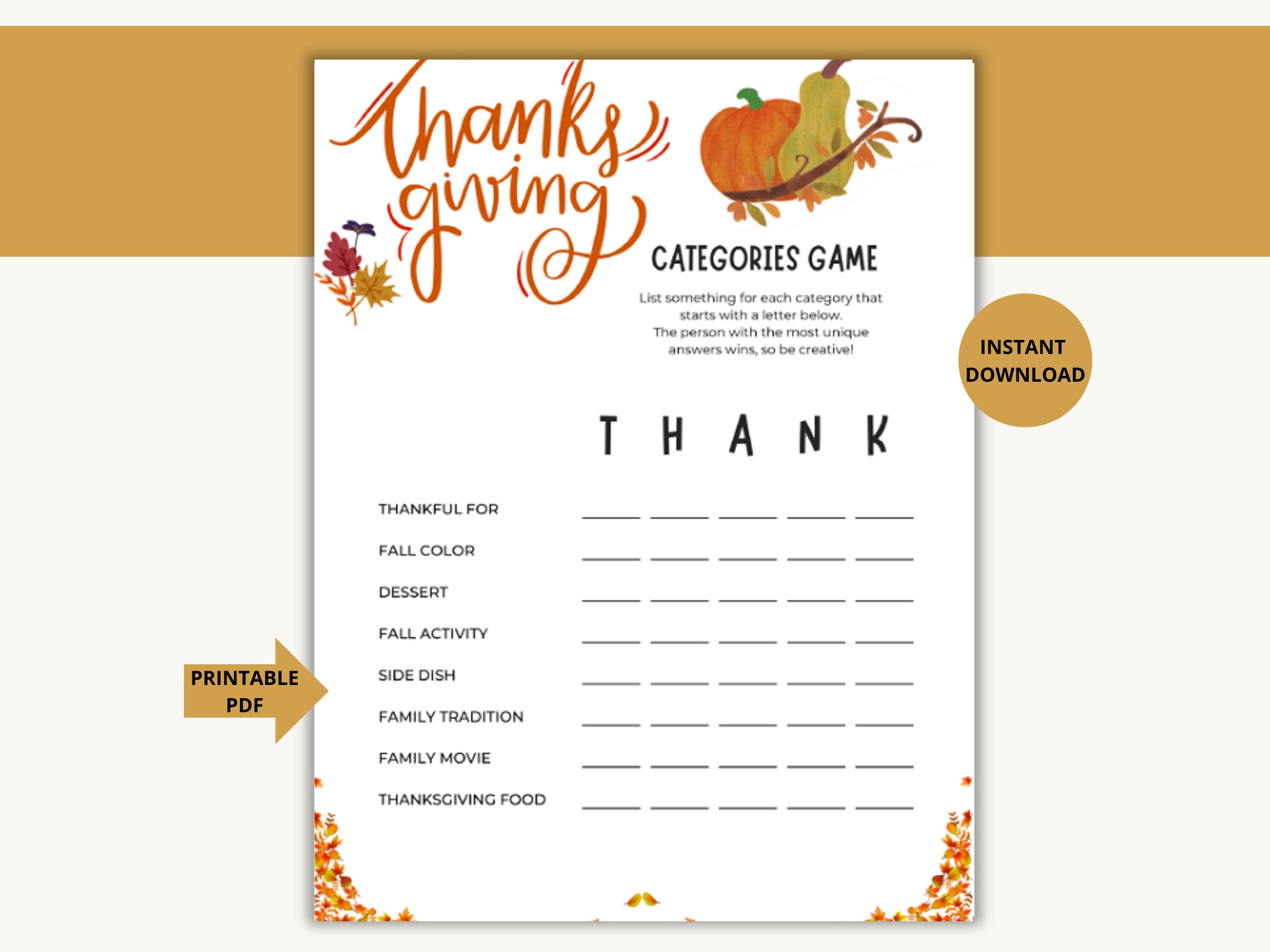 Thanksgiving Categories Game | Printable Thanksgiving Games | Family ...
