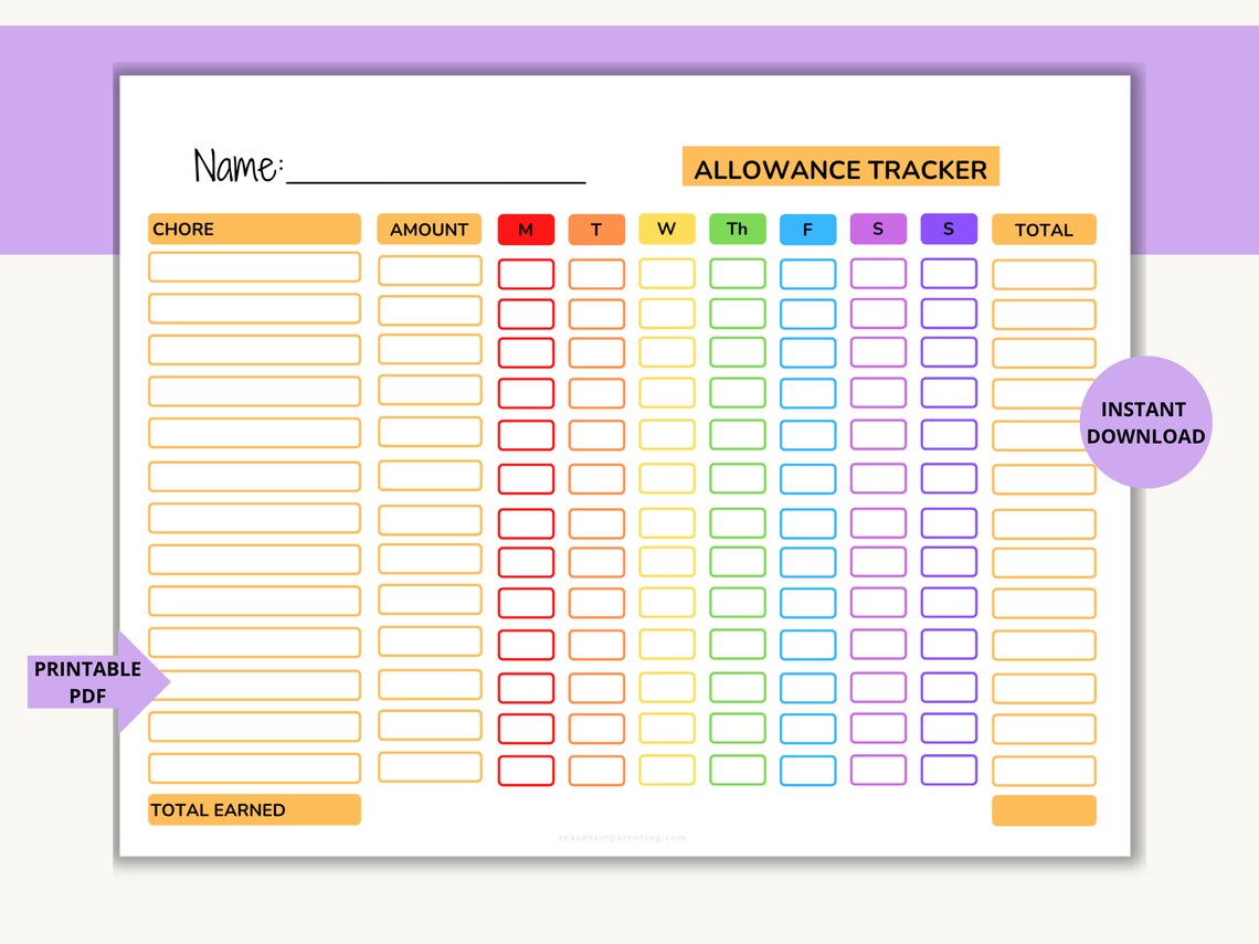Kids Allowance Tracker Printable Weekly Allowance Tracker - Etsy
