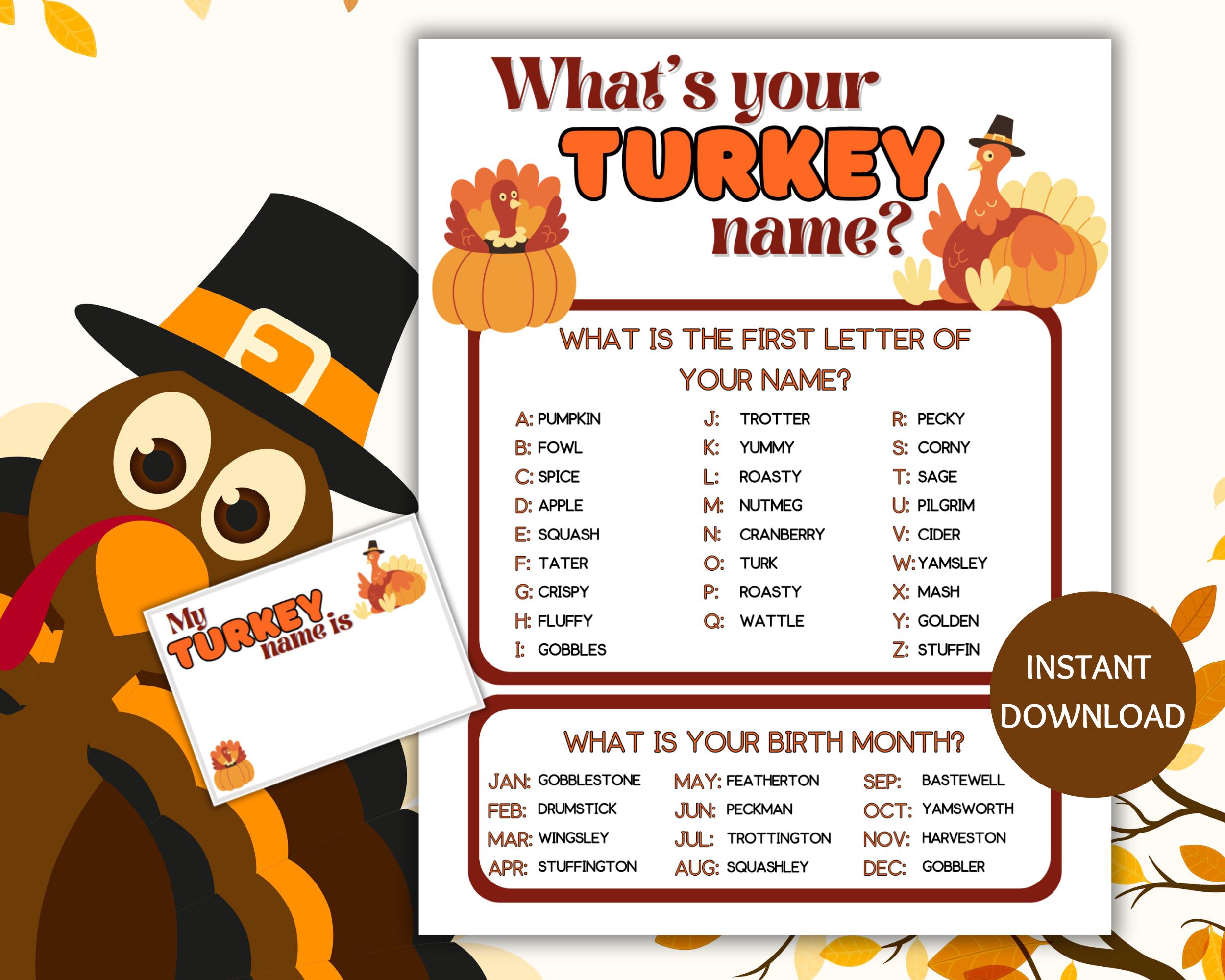 Turkey Name Game Printable, What's Your Turkey Name Game, Name ...