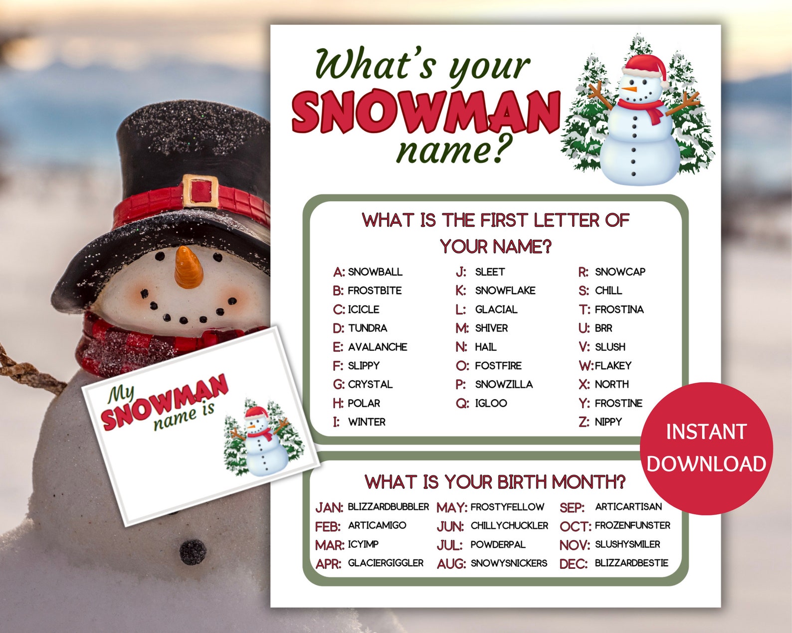 Snowman Name Game Printable, What's Your Snowman Name Game, Name ...