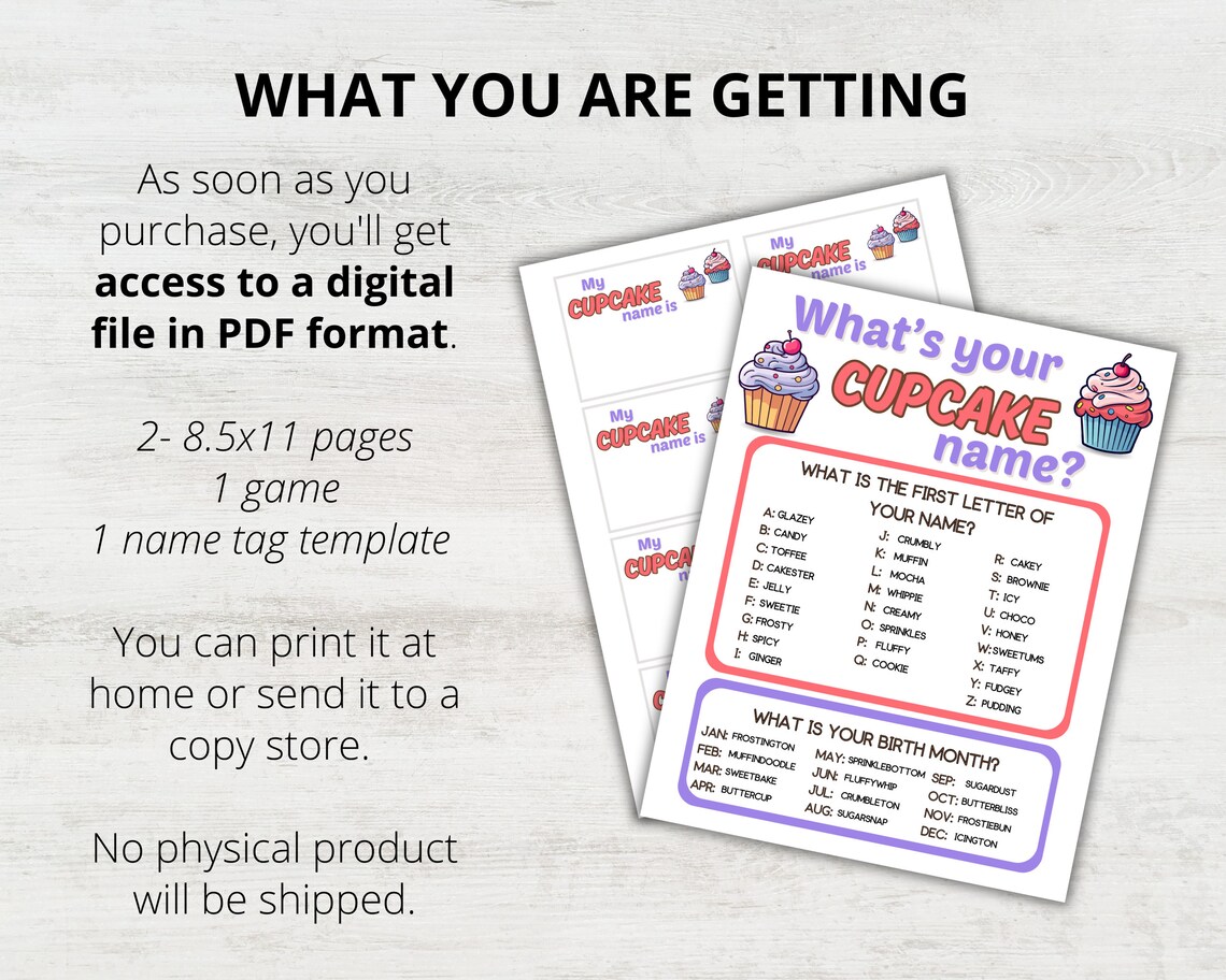 Cupcake Name Game Printable, What's Your Cupcake Name Game, Name Generator Game With Name Tags ...