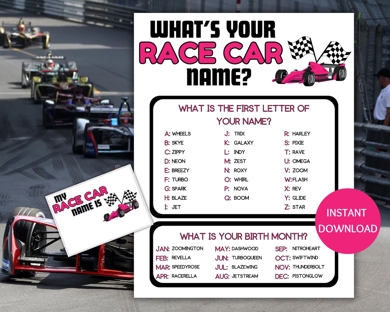 Race Car Name Game Printable, What's Your Race Car Name Game, Name ...