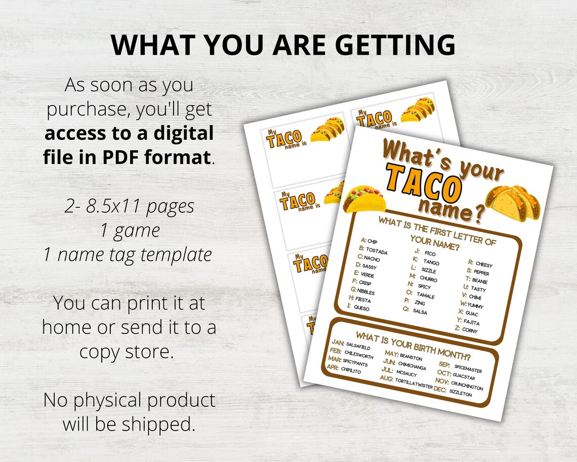 Taco Name Game Printable, What's Your Taco Name Game, Name Generator ...