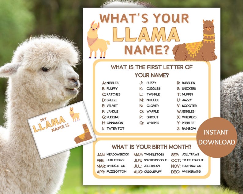 Llama Name Game Printable, What's Your Llama Name Game, Name Generator ...