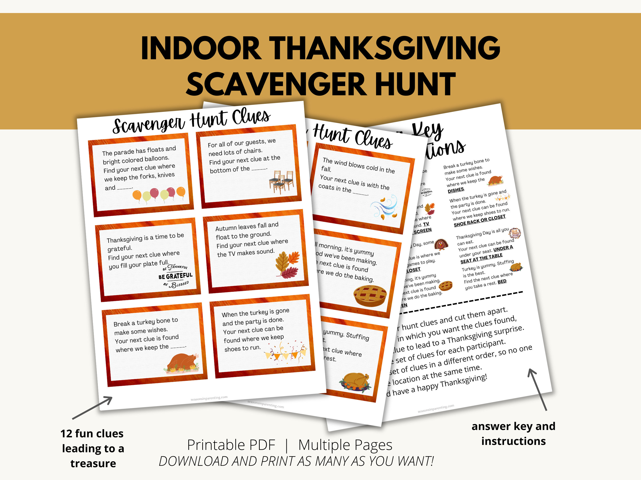 Indoor Thanksgiving Scavenger Hunt, Treasure Hunt Clues, Kids Scavenger ...