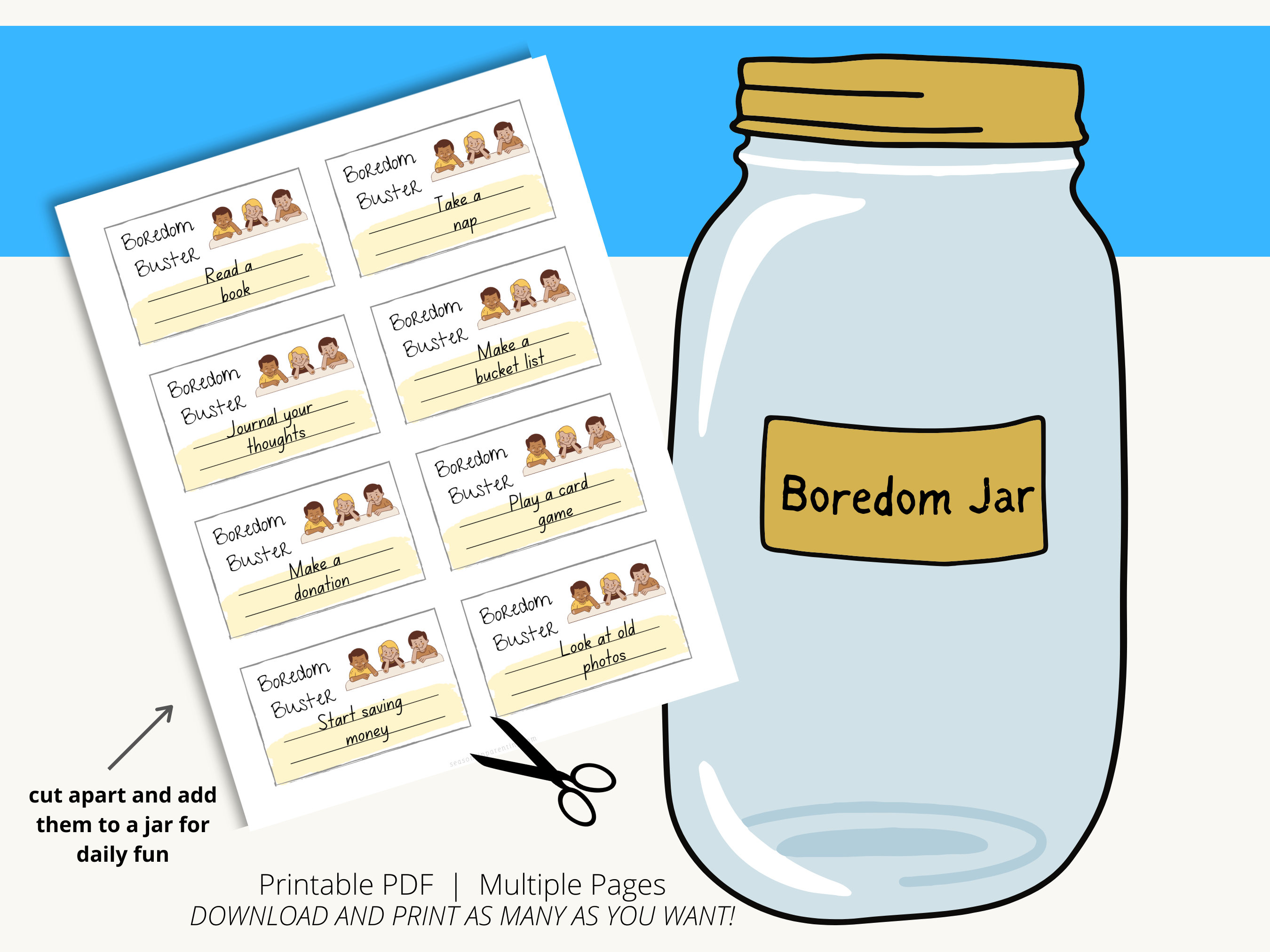 Bored Jar Cards, Boredom Buster Idea, Printable Activity Cards, Summer ...