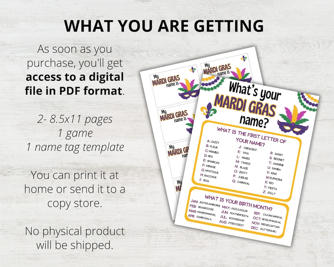 Mardi Gras Name Game Printable, What's Your Mardi Gras Name Game, Name ...