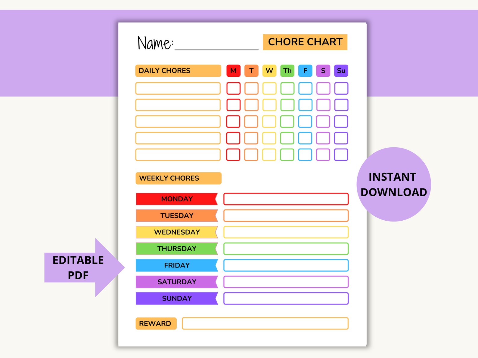 Kids Chore Chart, Editable Chore Chart, Weekly Chore Chart, Daily Chore ...