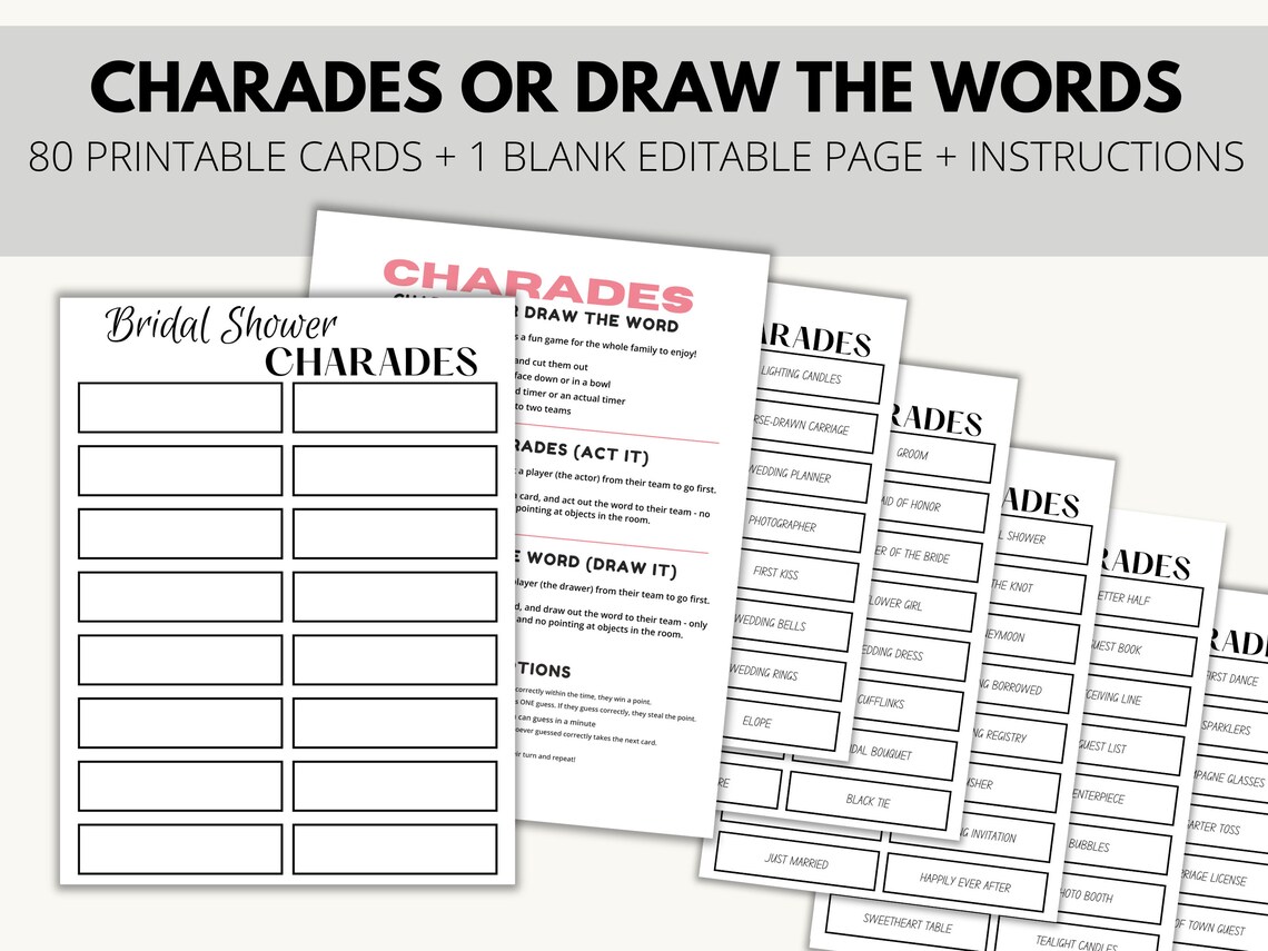 Wedding Charades for Adults, 80 Bridal Shower Charades Cards, Bridal ...