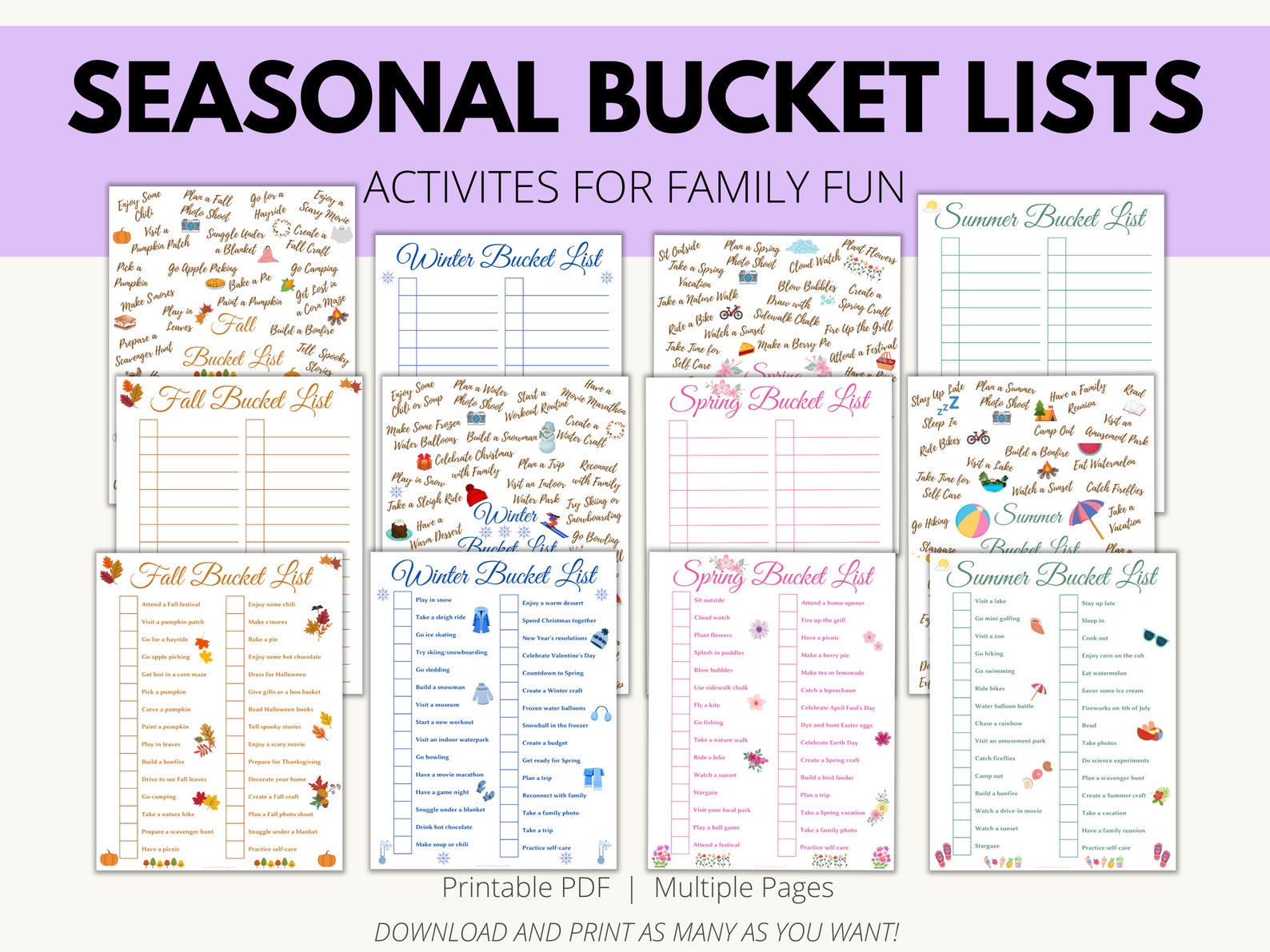 Seasonal Bucket List Bundle, Bucket Lists for Fall, Winter, Spring ...