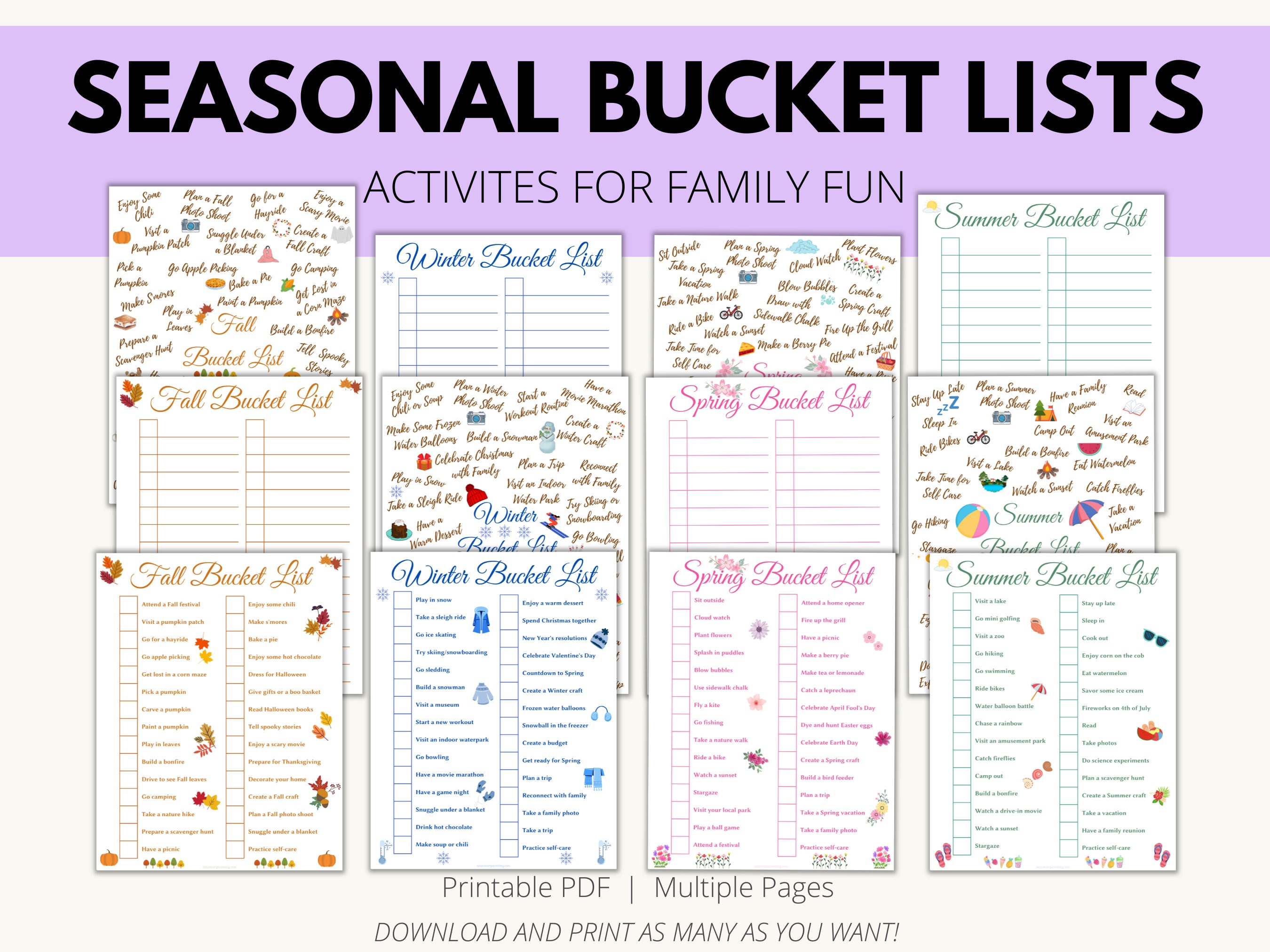 Seasonal Bucket List Bundle, Bucket Lists for Fall, Winter, Spring ...