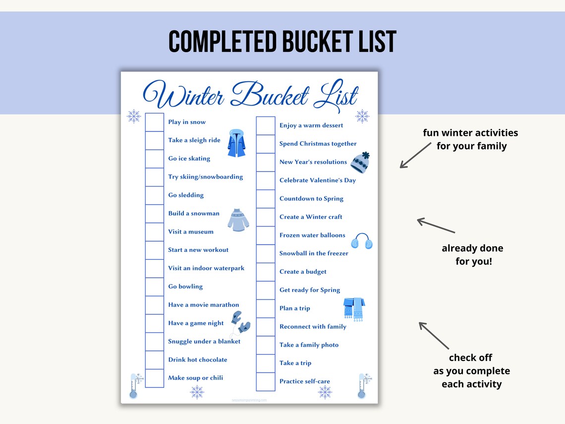 Winter Bucket List Bundle, Printable Kids Activities, Family Bucket ...