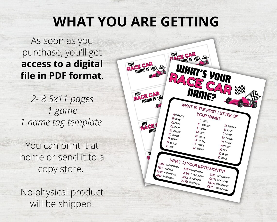 Race Car Name Game Printable, What's Your Race Car Name Game, Name ...