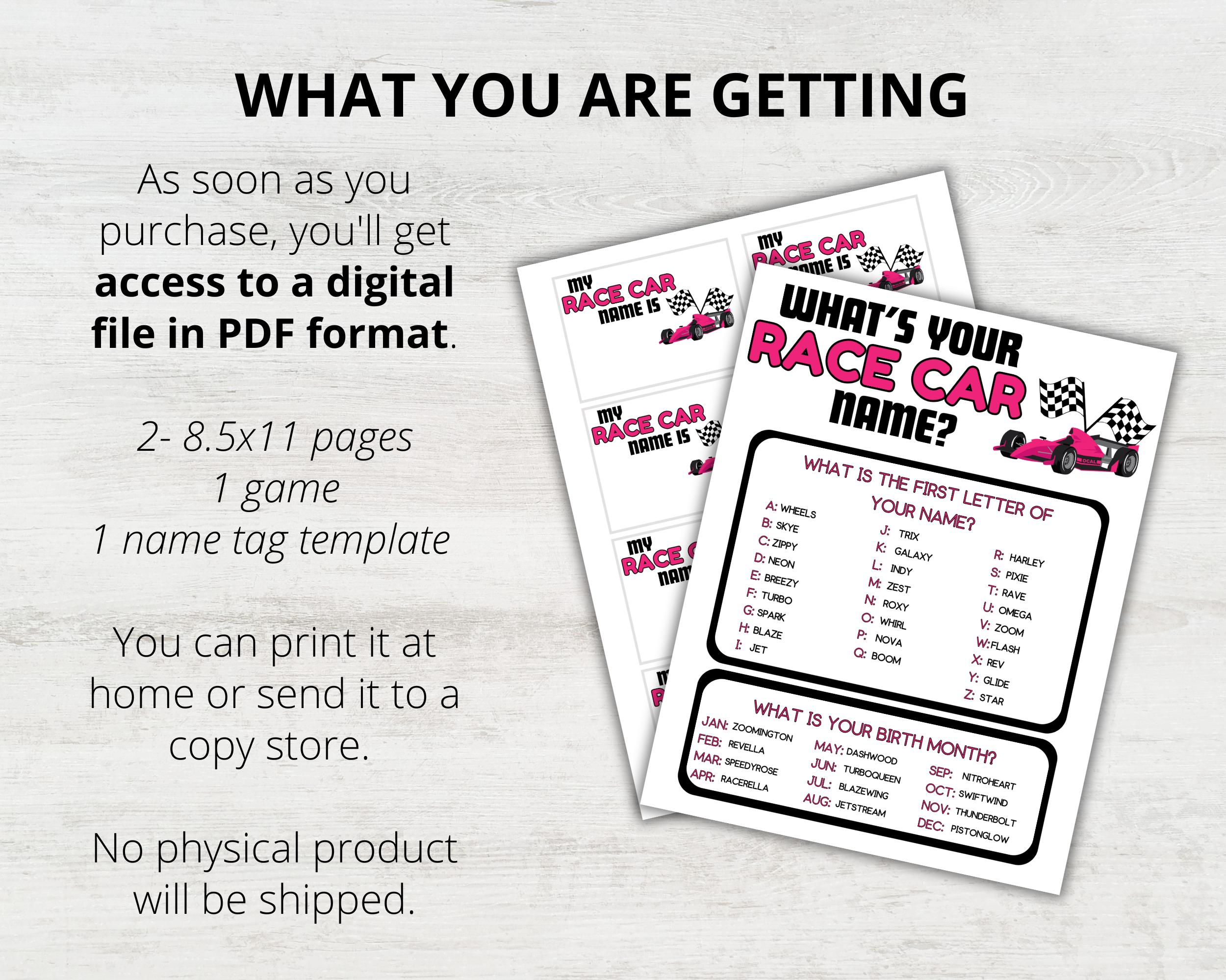 Race Car Name Game Printable, What's Your Race Car Name Game, Name ...