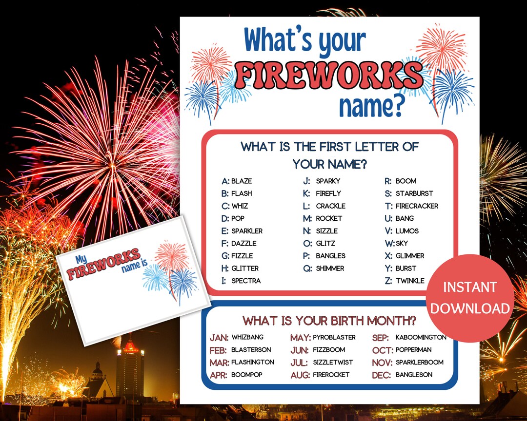 Fireworks Name Game Printable, What's Your Fireworks Name Game, Name ...