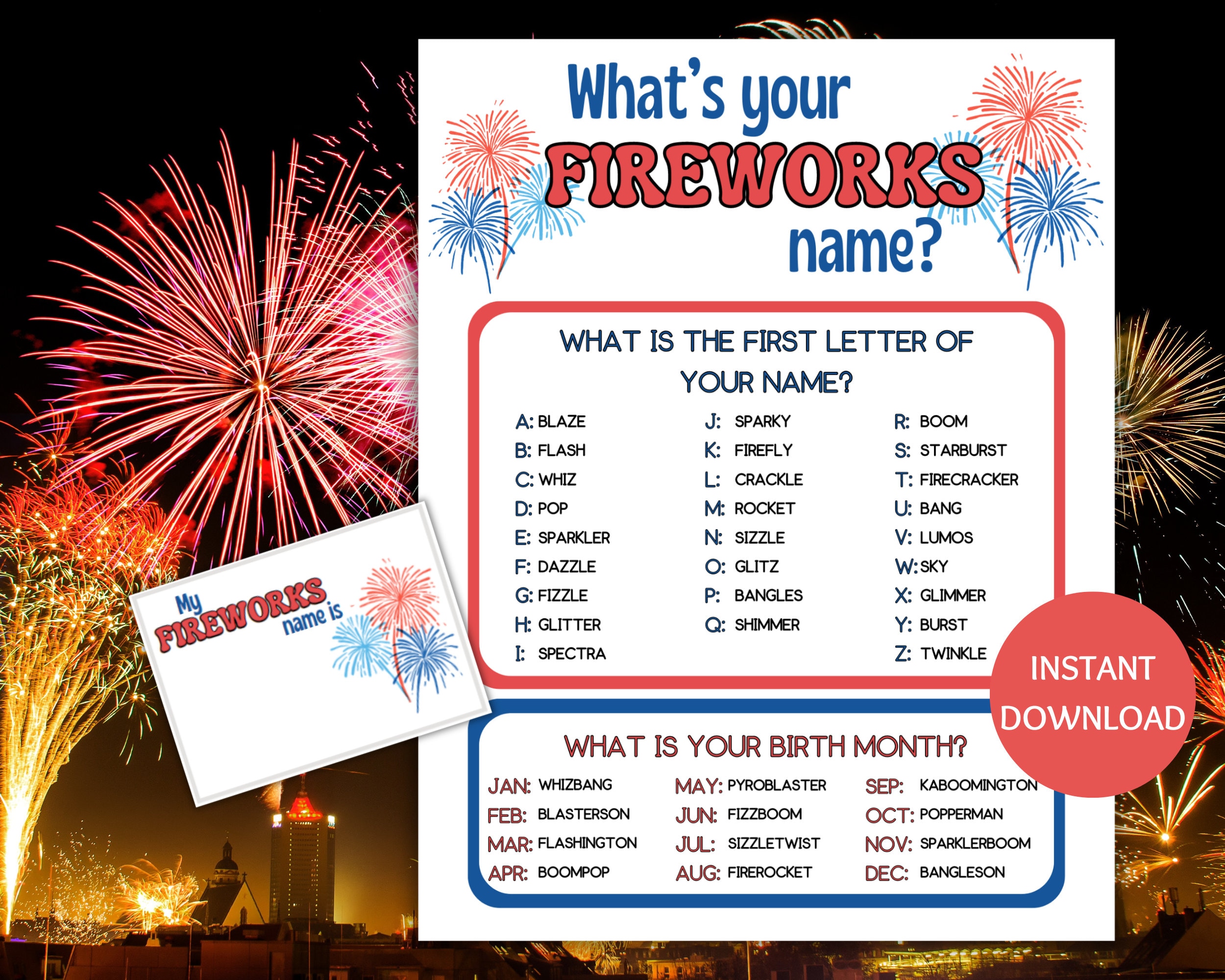 Fireworks Name Game Printable, What's Your Fireworks Name Game, Name ...
