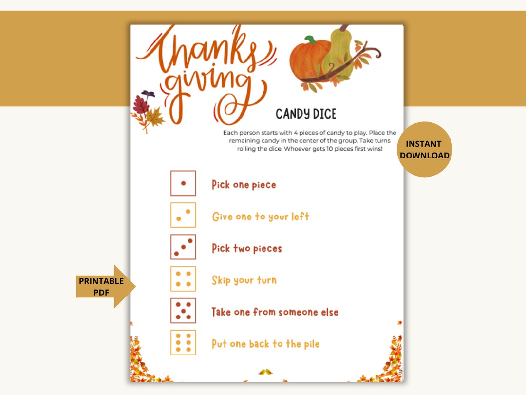 Thanksgiving Candy Dice Game, Printable Thanksgiving Games, Family ...