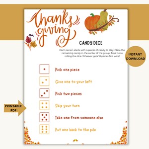 Thanksgiving Candy Dice Game, Printable Thanksgiving Games, Family ...