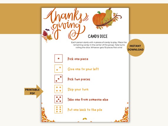 Thanksgiving Candy Dice Game Printable Thanksgiving Games - Etsy