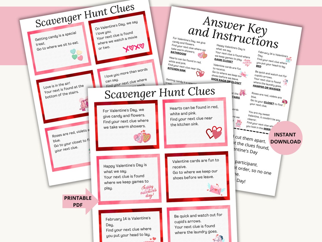Indoor Valentine's Day Scavenger Hunt Clues, Printable Valentine's Day ...