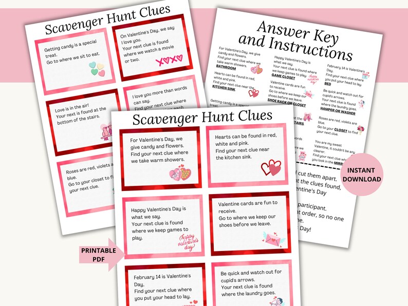 Indoor Valentine's Day Scavenger Hunt Clues, Printable Valentine's Day ...