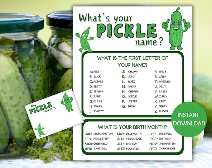 What's Your Pickle Name Game + Name Tags, Pickle Themed Party Activity ...