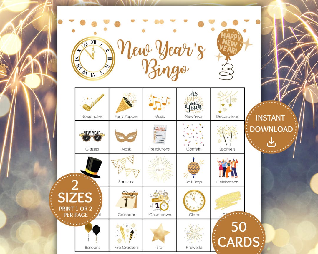 New Years Bingo, 50 New Year Bingo Cards, Kids New Years Activity, New ...